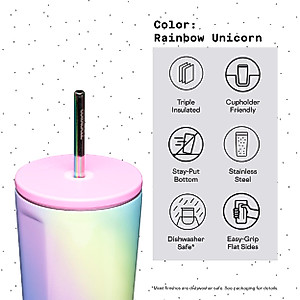 Corkcicle Cold Cup Insulated Tumbler with Lid and Straw, Rainbow Unicorn, 24 oz – Reusable Water Bottle Keeps Beverages Cold for 12hrs, Hot 5hrs – Cupholder Friendly Tumbler, Lid for Flexible Sipping
