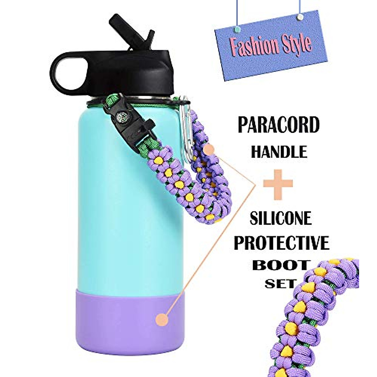 LX-SUNCX Paracord Handle and Silicone Sleeve Boot Compatible with Hydro Flask Wide Mouth Water Bottle (Daisy-Purple w/Compass+Whistle+Firestarter, 32oz-40oz)