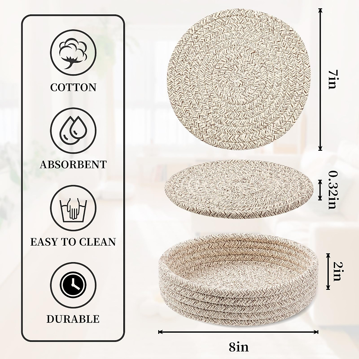 Trivets for Hot Dishes, Trivets for Hot Pots and Pans, Cotton Coasters 4 Pcs and Storage Basket 1 Pack, Pot Holders for Kitchen, Hot Pads for Table, Hot Mats Protect Countertops (Brown 4 Pcs)