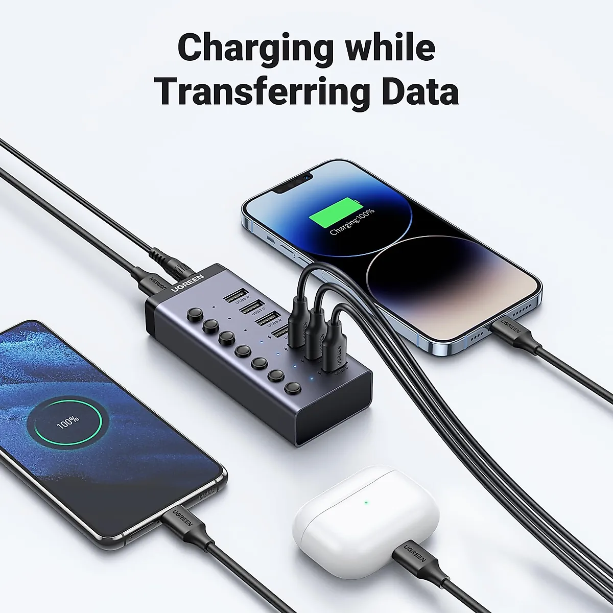 UGREEN Powered USB 3.0 Hub, 7-Port USB Adapter with 4 Smart Charging Ports, USB Splitter with Individual Led On/Off Switches and Power Adapter, USB Ports Extender for Laptop PC