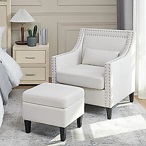 kinmars Accent Chair with Ottoman Comfy Upholstered Living Room Chair Bedroom Chair for Room Reading Chair Mid Century Modern Arm Chair and Storage Ottoman Set (Beige) F0804
