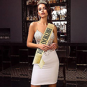 Aprince Birthday Crown & Birthday Girl Sash Set, Rhinestone Tiaras and Crowns for Women Girls Gold Tiara Birthday Gold Sash Princess Tiaras Queen Crowns for Birthday Prom Photoshoot