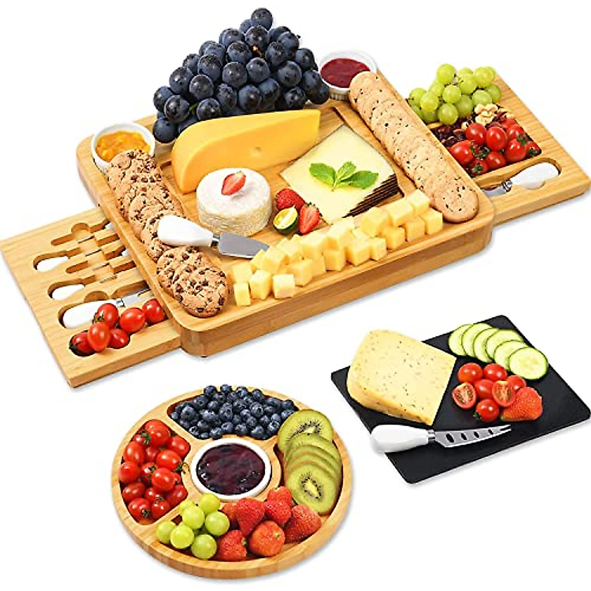 ROYAMY Bamboo Cheese Charcuterie Board and Knife Set Cheese Serving Board with Round Tray Wooden Cheese Platter Set,Cheese Tray, Perfect for Christmas, Anniversary,Wedding,Housewarming Gift Ideas