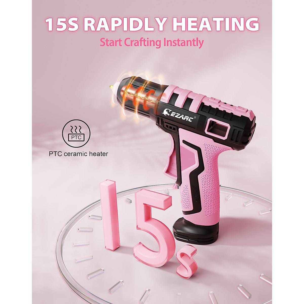 EZARC Cordless Hot Glue Gun, 15s Heating Fast Glue Gun Kit with 30 Pcs Mini Glue Gun Sticks, Automatic-Safety-Power-Off, Built-in 2500 mAh Lithium-ion for Art, Crafts, Decorations, Home Repairs