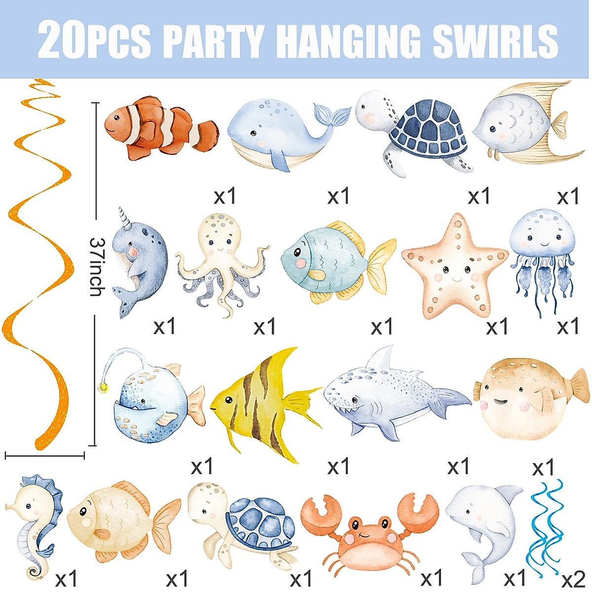 Ocean Animals Hanging Swirls 20Pcs Under The Sea Party Hanging Decorations Marine Animals Party Swirls Ceiling Ocean Party Decorations Streamers for Ocean Sea Theme Baby Shower Supplies