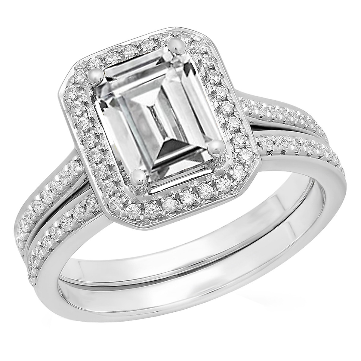 Dazzlingrock Collection Emerald Shape & Round White Cubic Zirconia Halo Engagement Ring in 10K White Gold, Size 7