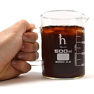 Premium Hand Crafted Beaker Mug, Thick Borosilicate 3.3 Glass, 16.9oz (500mL) Capacity - Large Size - Pint Glass or Coffee Mug Sized