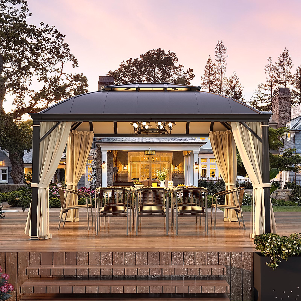 YOLENY 12'x14' Hardtop Gazebo, Permanent Outdoor Aluminum Patio Gazebo with Aluminum Composite Double Arc Roof for Patio Lawn and Garden, Curtains and Netting Included