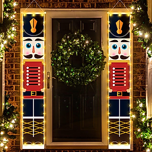 Christmas Decorations Banners with String Lights, Nutcracker Xmas Party Decor, Life Size Soldier Model Nutcracker Banners for Outdoor/Indoor Home Front Door, 600D Fabric Porch Sign