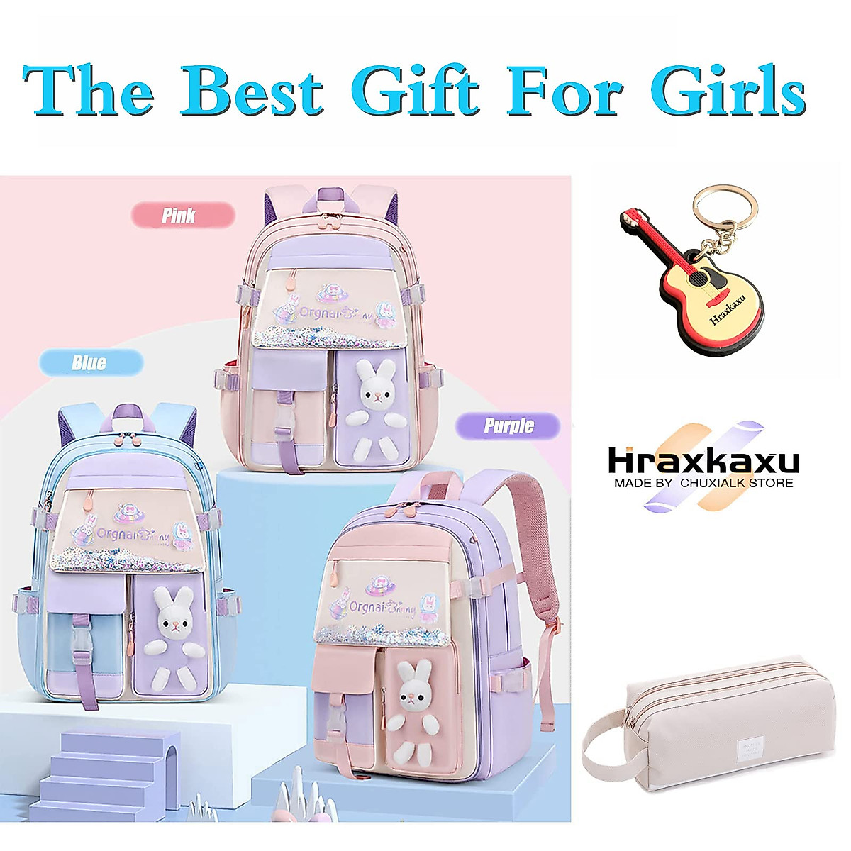 Cute Bunny Backpack, Kawaii Bunny Backpacks Girls,Back To School Large Capacity Waterproof Bookbag for Grades 1-6 Bags(Purple)