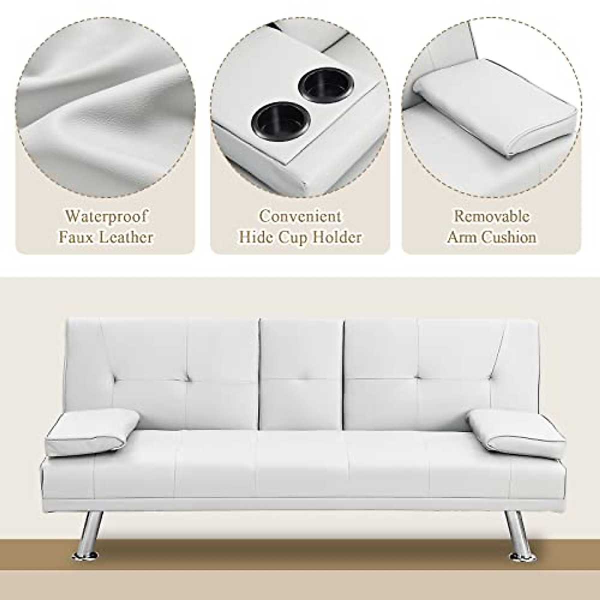 Antetek Futon Sofa Bed, Modern Convertible Upholstered Faux Leather Loveseat Sleeper Sofa Couch w/5 Adjustable Positions, Cup Holder for Living Room, Bedroom, Studio, Office, White