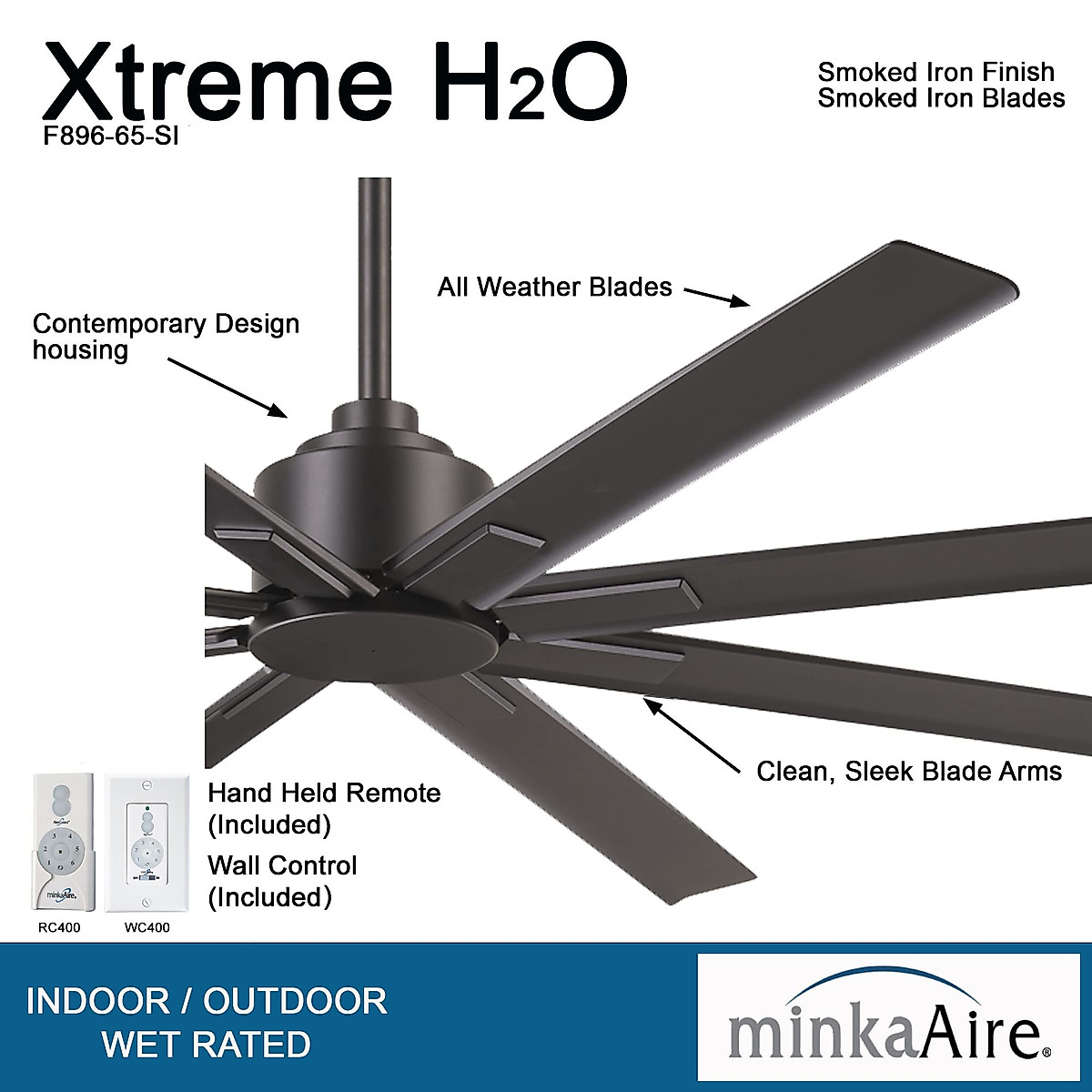 MINKA-AIRE F896-65-SI Xtreme H20 65" Outdoor Ceiling Fan with Remote and Wall Control, Smoked Iron Finish