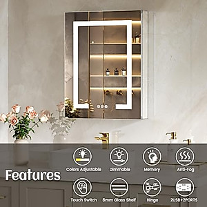 ROOMTEC LED Lighted Medicine Cabinet with Mirror 20"*26",Bathroom Mirror Cabinet with Lights, Outlet and USB, Recessed or Wall Mounted, Adjustable Shelf, 3-Color, Dimmer, Anti-Fog