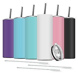 Deitybless 6 Pack Stainless Steel Skinny Tumbler, 20 OZ Double-Insulated Water Tumbler Cup with 6 Straw and 3 Brush, Vacuum Travel Mug Gift for Hot Cold Drinks with Cleaning(Assorted Colors)