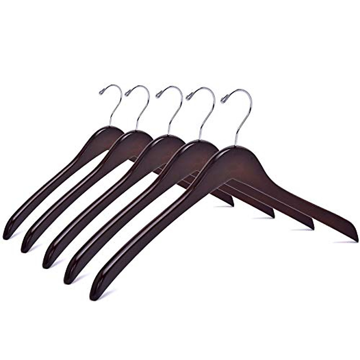 Quality Wooden Curved Coat Hangers, Suit Hangers, Smooth Solid Wood Pants Hangers, Swivel Hook, Coat, Jacket, (Walnut - Chrome Hook, 5)