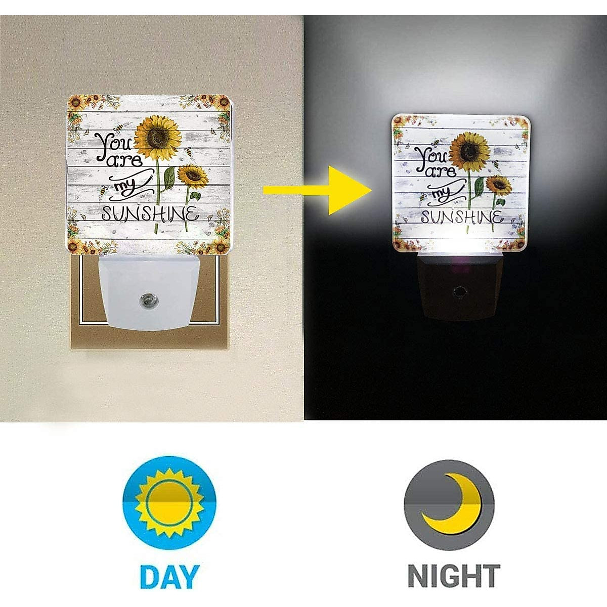 Sunflower Plug in Nightlights with Light Sensor Rustic Automatic Dusk to Dawn Sunshine Night-Lights Unique Custom Led Home Night Light for Dark Spaces Kids Room Nursery Playroom Toilet Bathroom Décor