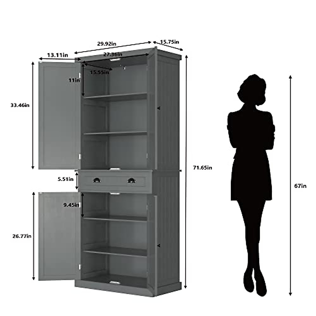 Yusong 72'' Tall Kitchen Pantry Cabinet, Farmhouse Storage Cabinet with 4 Doors, Drawer and Adjustable Shelf, Freestanding Wooden Cupboard Buffet for Dining Room Living Room, Grey