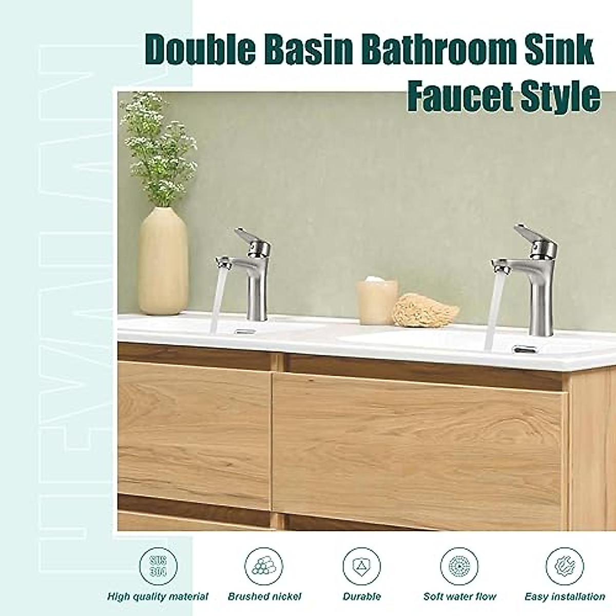 Heyalan Brushed Nickel Bathroom Faucet Single Handle 1 Hole SUS304 Stainless Steel Deck Mount Lavatory Single Switch Basin Sink Hot and Cold Water Mixer Tap with Pop Up Drain