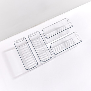 iDesign 4-Piece Recycled Plastic Small Stackable Kitchen Organizer Bin with Integrated Handles for Kitchen, Fridge, Freezer, Pantry & Cabinet Organization, The Linus Collection - 10" x 4" x 5", Clear