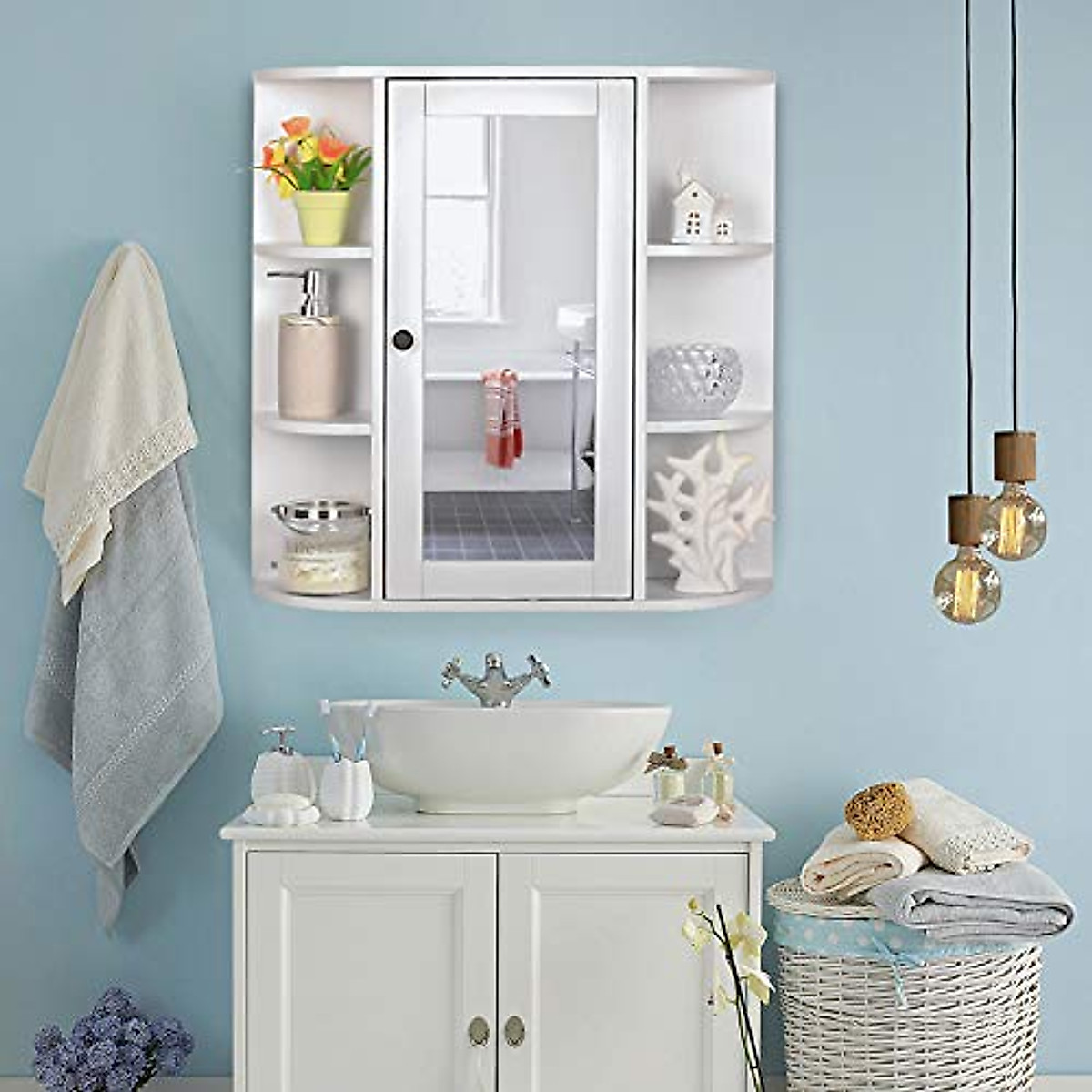 OKIDA Bathroom Wall Mounted Cabinet, Toilet Bathroom Spacesaver, Multipurpose Kitchen Medicine Storage Organizer with Single Mirror Door and Adjustable Shelf (White)