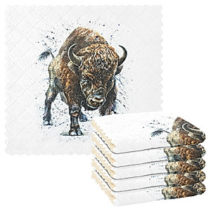 Watercolor Angry Buffalo, Bison, Bull, Wild Animal Paint on White Pack of 6 Pcs Kitchen Dish Towels, Absorbent Soft Dishcloths for Bar cafe Car Table Chair Window Washable Towels 11 x 11 inches