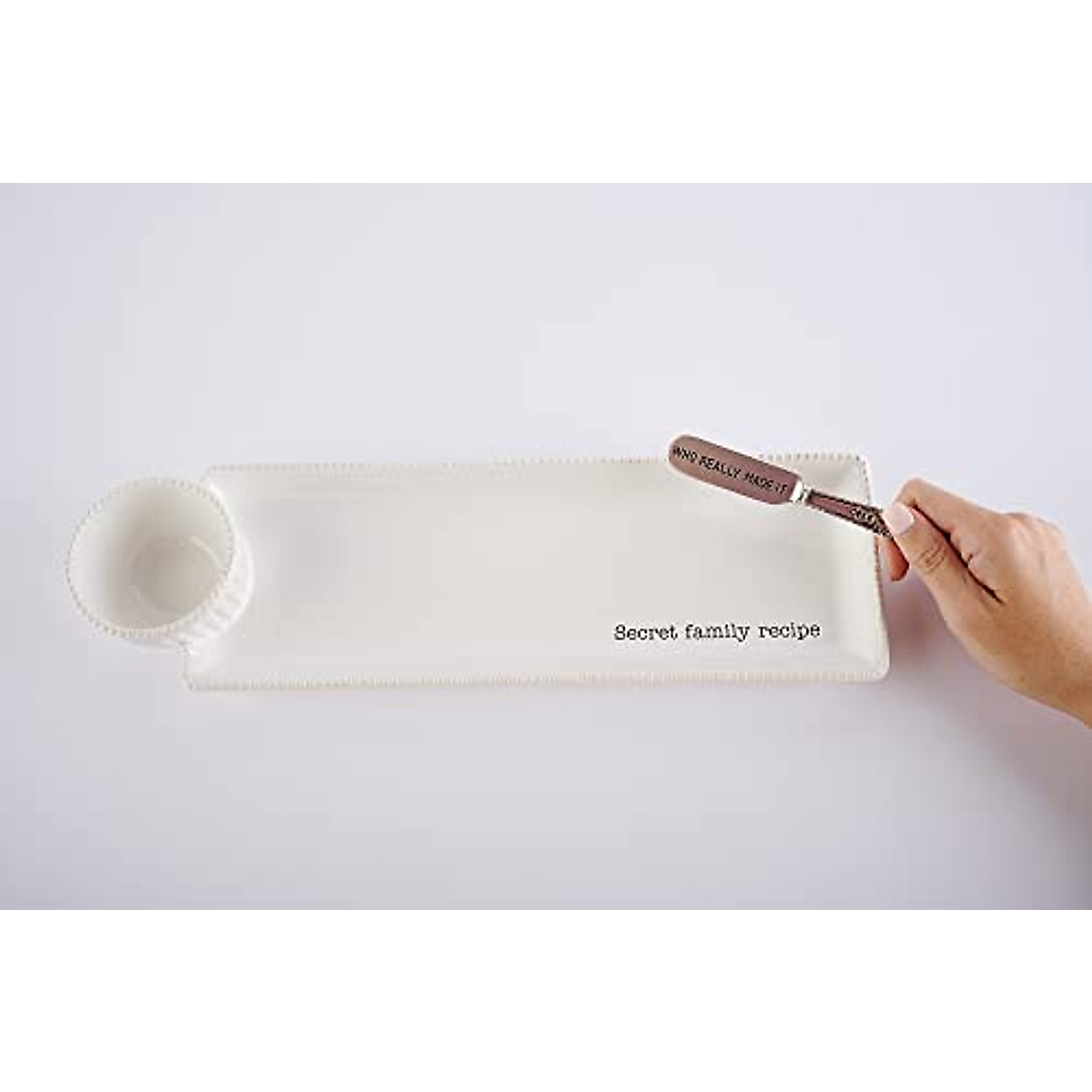 Mud Pie Secret Family Recipe White Ceramic Tray with Dip Cup, 4 1/2" x 15" | Spreader 5 1/2"