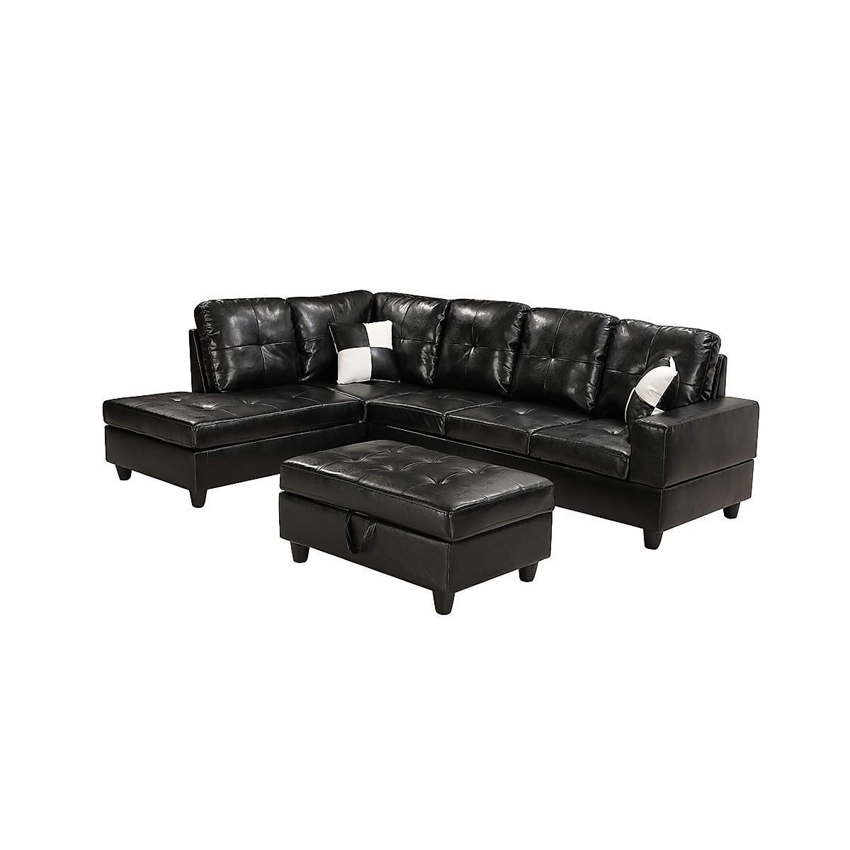 OPTOUGH Sectional Sofa Set 3 Piece for Living Room Furniture, Faux Leather Couch with Left Chaise Lounge,Storage Ottoman and Pillows,Black