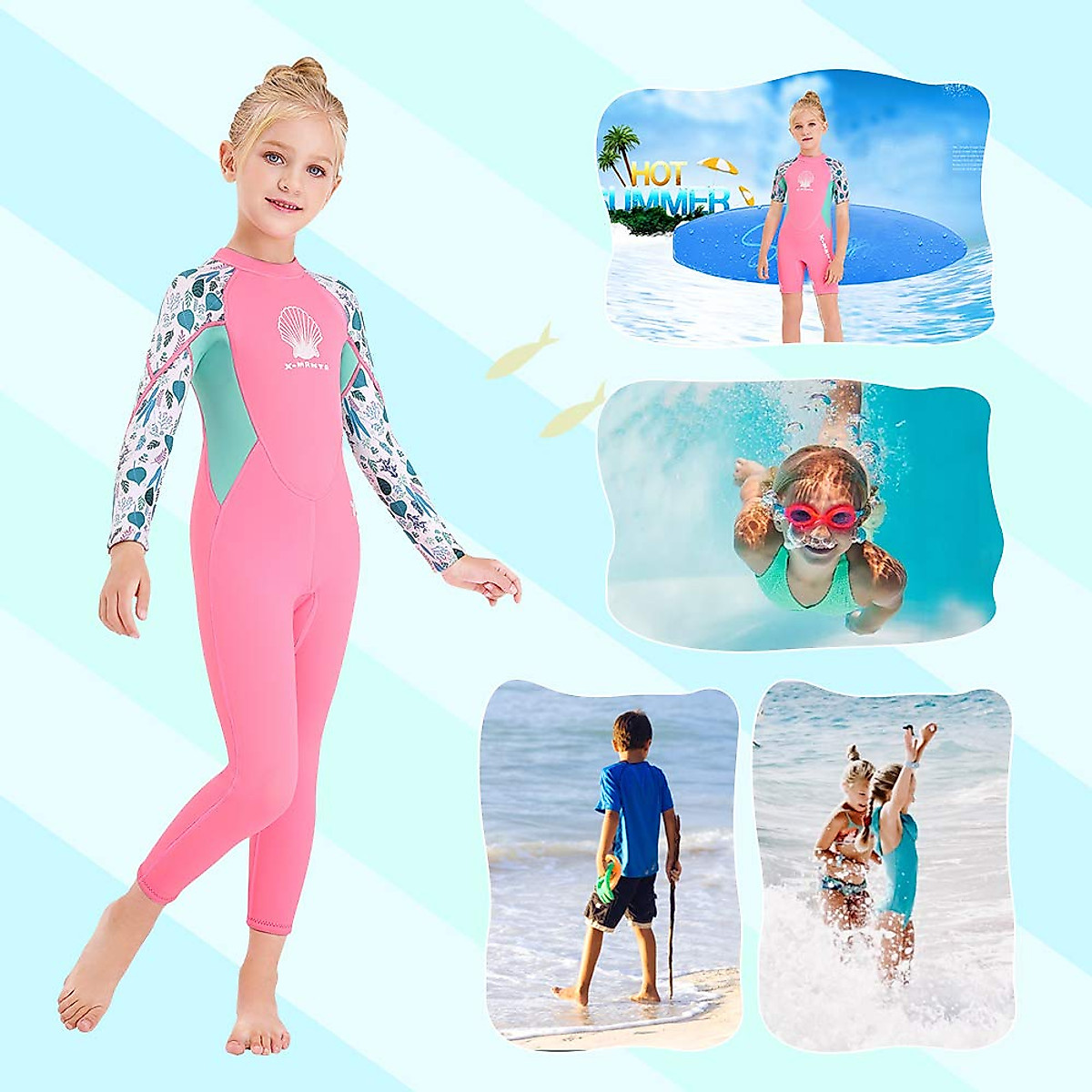 Kids Girls Boys Wetsuit Full Body Neoprene Thermal Swimsuit 2.5MM for Toddler Youth Children Teen, Long Sleeve Child Scuba Diving Surf Suit One Piece Sun Protection for Water Sports (Girl Pink, S)