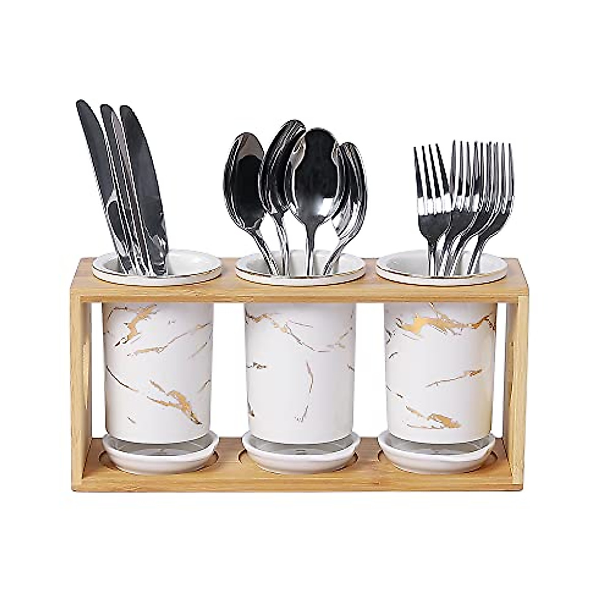 LUODI Golden Marbling Set of 3 with Wooden,Silverware Caddy Holder for Spoons Knives and Forks,Kitchen Utensil Flatware Organizer (White)