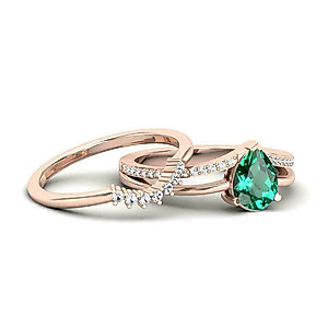 3.00 Ct Pear & Round Cut Green Emerald Diamond Engagement Wedding Women's Trio Ring Set 14k Rose Gold Finish (10.5)