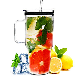 ONEHAUS Glass Tumbler with Lid and Straws, 40oz Glass Cup with Handle, Glass Water Cup,Beer Cup, Ice Coffee Cup, Fits In Cup Holder