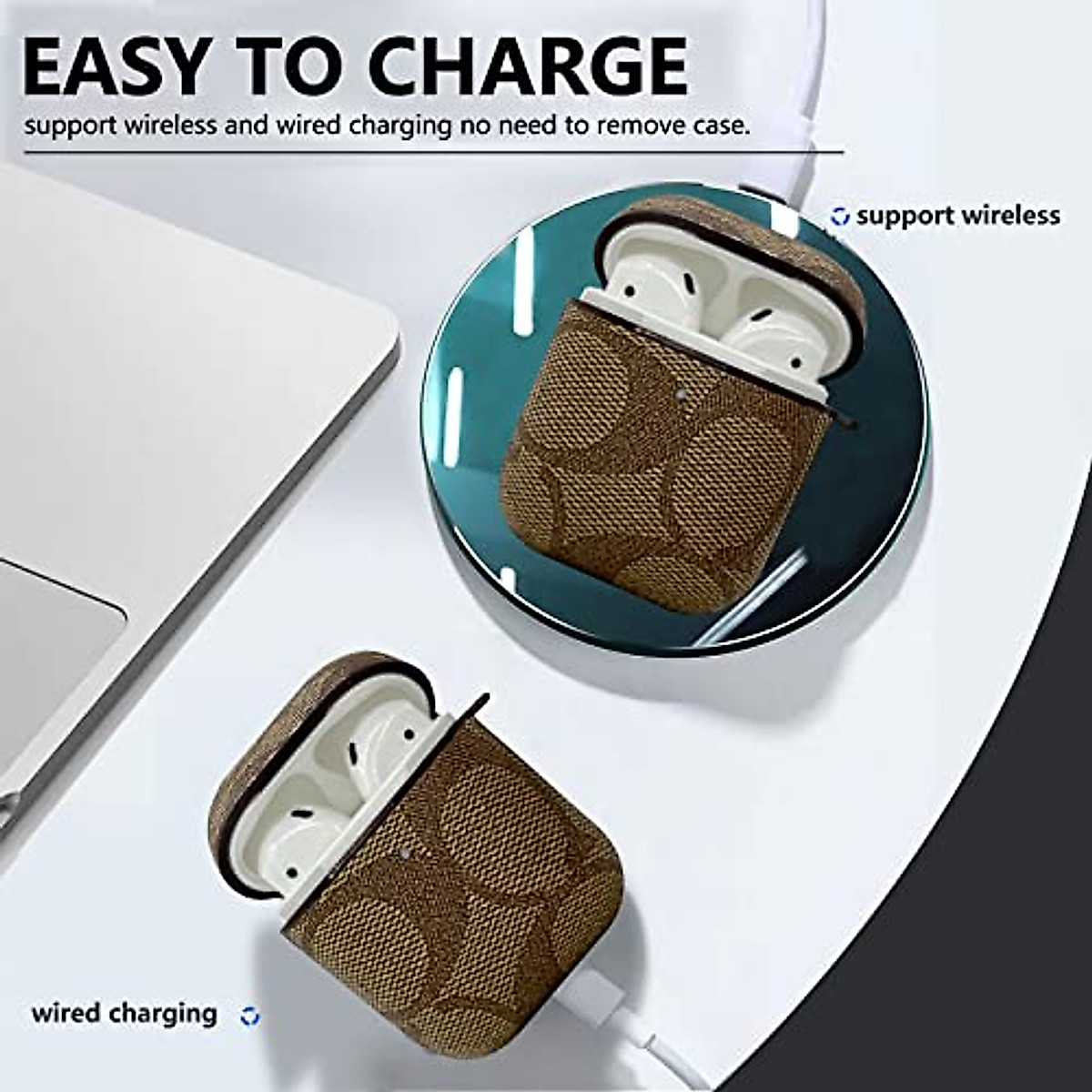 Case for AirPods 2&1 Case,6 in 1 Fashion Luxury PU Shockproof Anti-Slip Protective Cover Accessories Set for Airpods 2/1 Charging Case with Keychain/Ear Hook/Watch Band Holder/Anti-Lost Strap(Brown)
