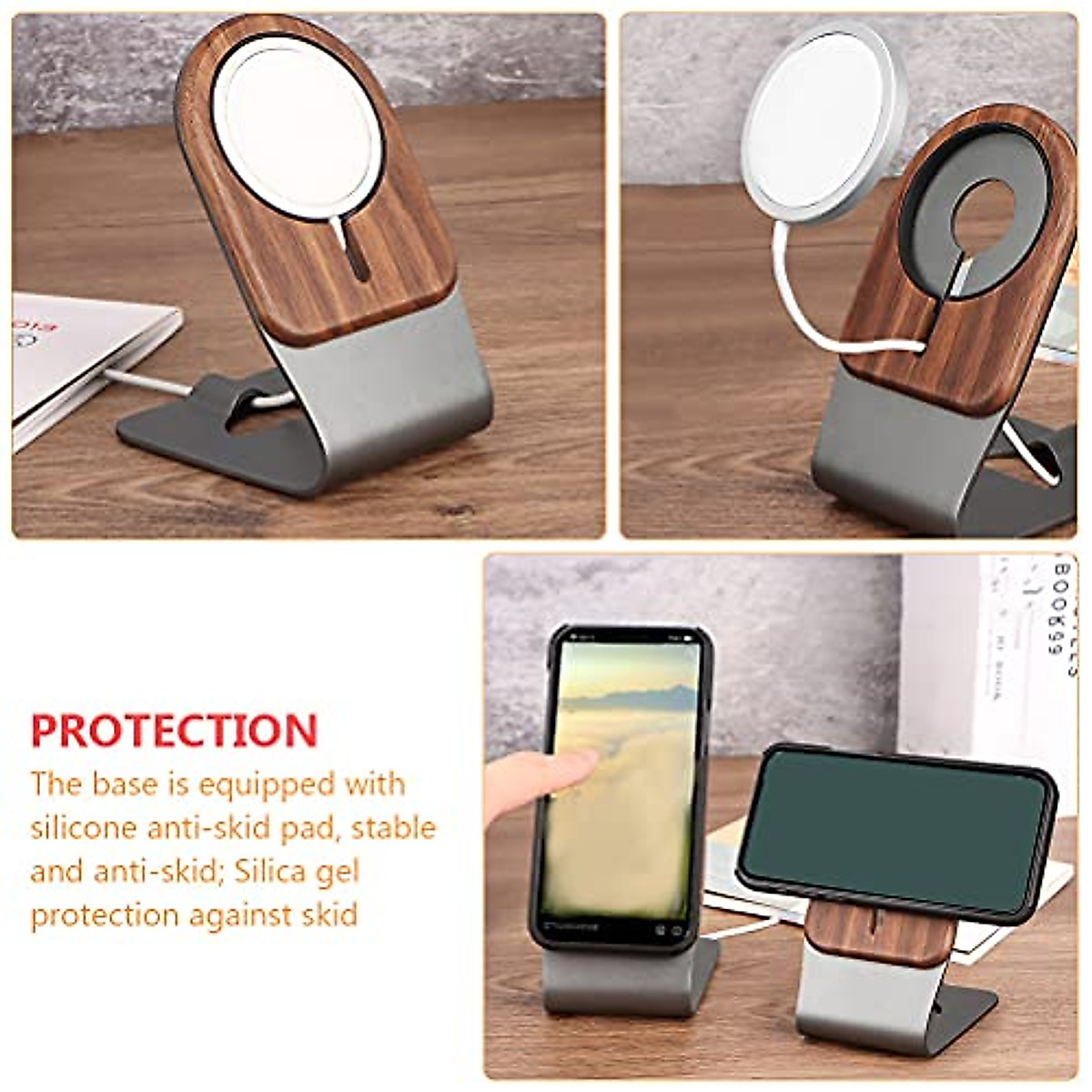 Walnut Gray Magnetic Mag Safe Phone Stand 12 pro Wooden Bracket Cradle Aluminum Alloy Mobile Cellphone Holder Metal Wireless Charger Office Kickstand Dock for iPhone 12, 12 Pro max, 12 Mini