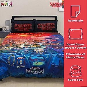 Stranger Things Character World Official Double Duvet Cover | Hawkins Town Map Design, Reversible Easy Care Bedding 2 Sided Duvet Quilt Set with Matching Pillow Cases, Multicolour Print