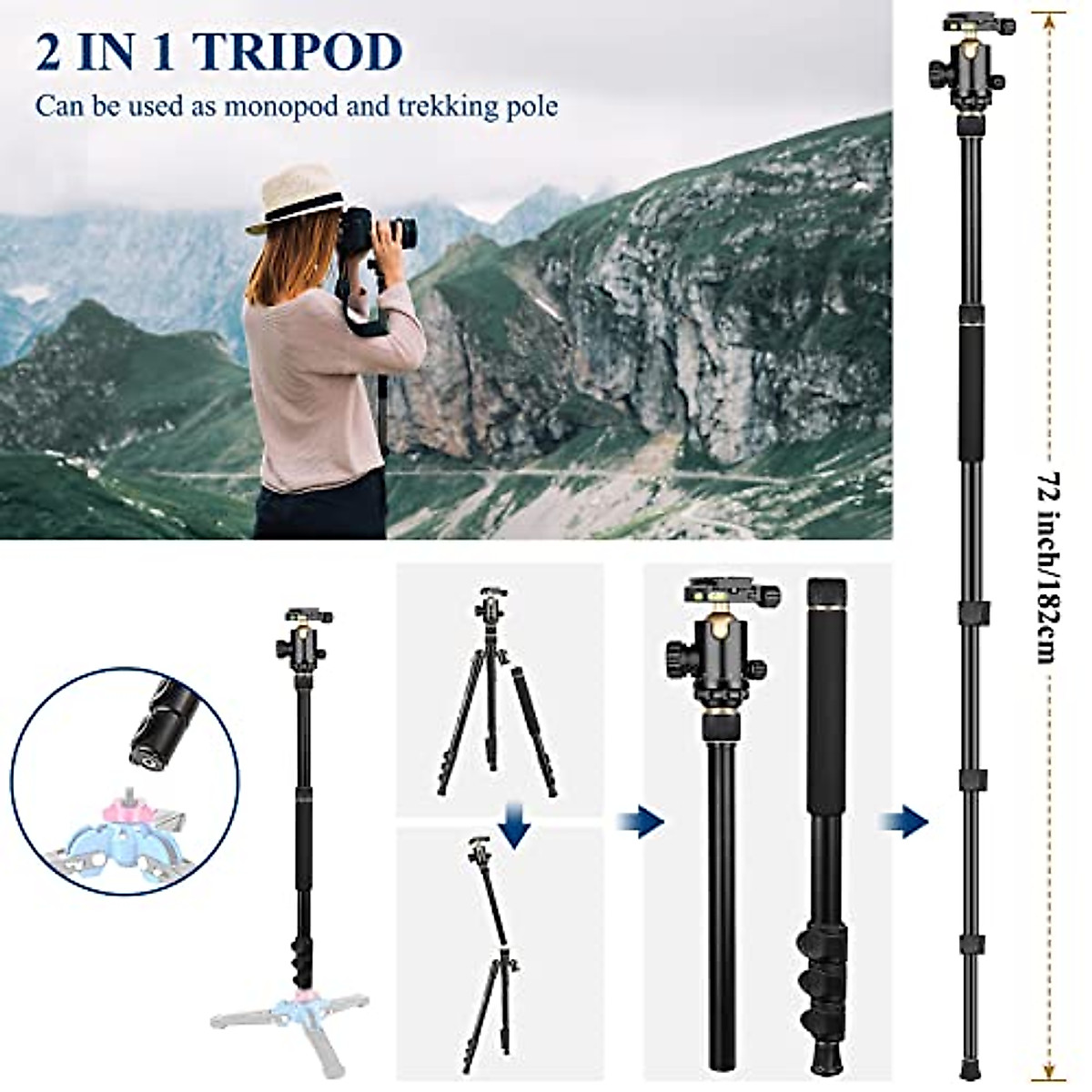 Tripod for Camera, VICTIV Heavy Duty Camera Tripod Monopod, Aluminum Travel Tripod for DSLR, Professional Tripod Stand with Strong Locking Ball Head and 2 Aluminum Quick Release Plate - Gold