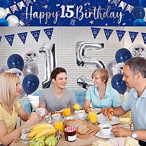 15th Birthday Decorations for Boys and Girls Blue, Happy 15th Birthday Backdrop Banner Balloons 15 Years Old Party Supplies with HAPPY BIRTHDAY Banner Silver 15 Birthday Decor 15th Bday Women Her Him