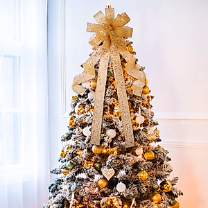 GWHOLE Christmas Tree Toppers Large Gold Xmas Tree Ribbon Bows House Decoration Supplies for Christmas Tree Decorating with Streamers, 12 inch (Gold)