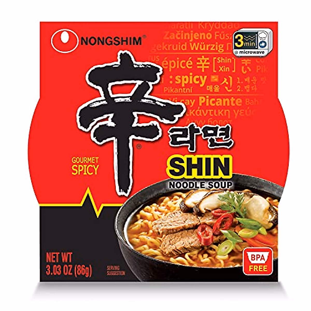Nongshim Gourmet Spicy Shin Noodle Soup Bowl, 12 Pack, Microwaveable Ramyun Soup Noodles, No MSG Added