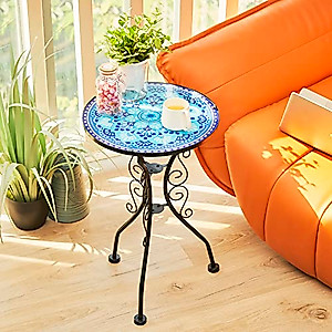 Lifoberstar Small Patio Side Table 21" End Table with 14" Blue Mosaic Glass Top Round Accent Table Bistro Balcony Coffee Tables Plant Stand for Livingroom Bedroom Indoor Outdoor Furniture