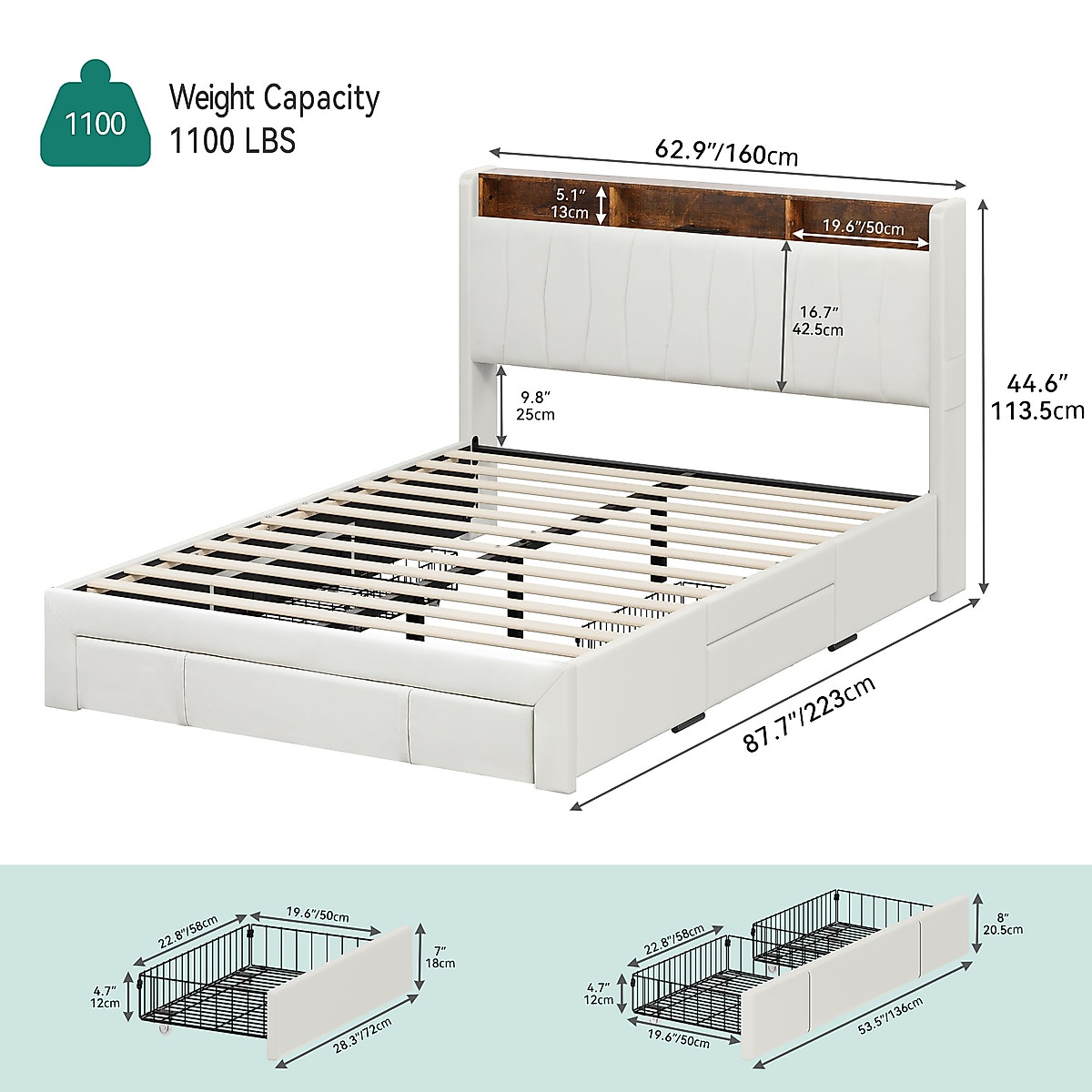 YITAHOME Queen Size Bed Frame, Storage Bed Frame with 4 Drawers & LED Light, Platform Bed with Storage Upholstered Headboard and Charging Station, No Box Spring Needed, Easy Assembly, Beige