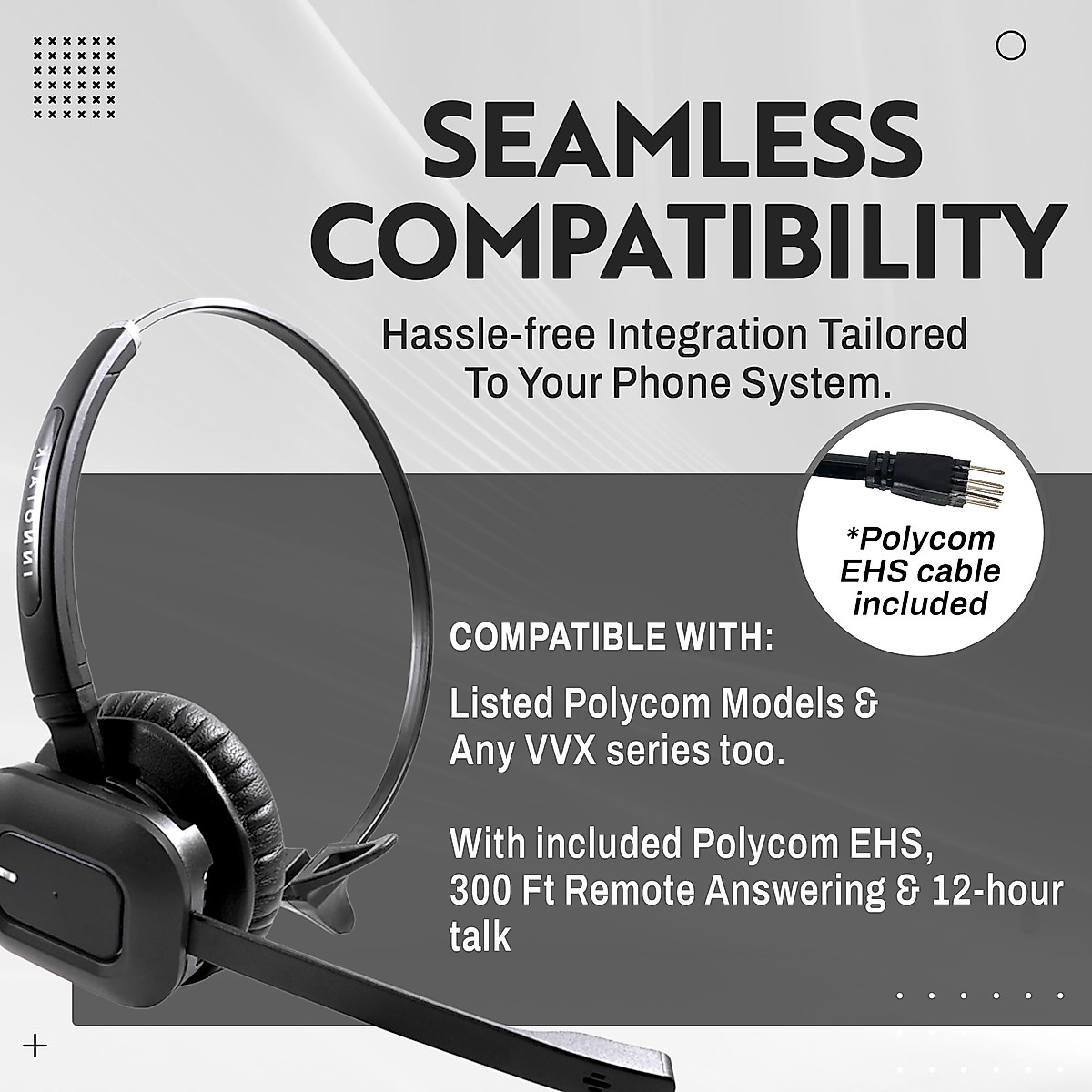 INNOTALK Wireless Headset Compatible with Polycom VVX 101, VVX 201, VVX 301, VVX 311, VVX 401, VVX 411, VVX 501, VVX 601 Phone with Remote Answering Cord(Explorer)