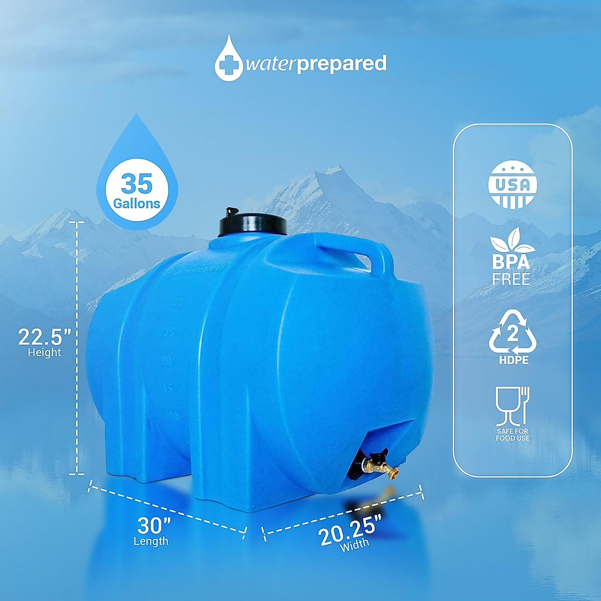 WaterPrepared 35 Gallon Utility Water Tank with Large Cap for Easy Filling, 3/4 Inch Brass Spigot, 2 Built in Strapping Points and 2 Handles, Blue