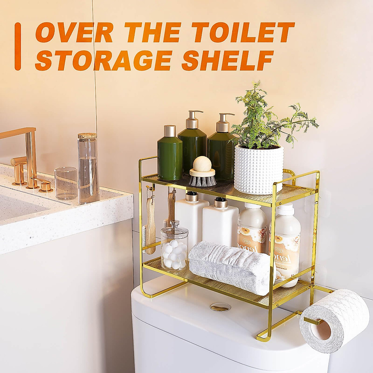 YIWANFW Over The Toilet Storage, Gold Over The Toilet Shelf Bathroom Organizers and Storage, 2-Tier Bathroom Shelves Over Toilet Bathroom Storage, Multi-Purpose Over Toilet Shelf Above Toilet Storage