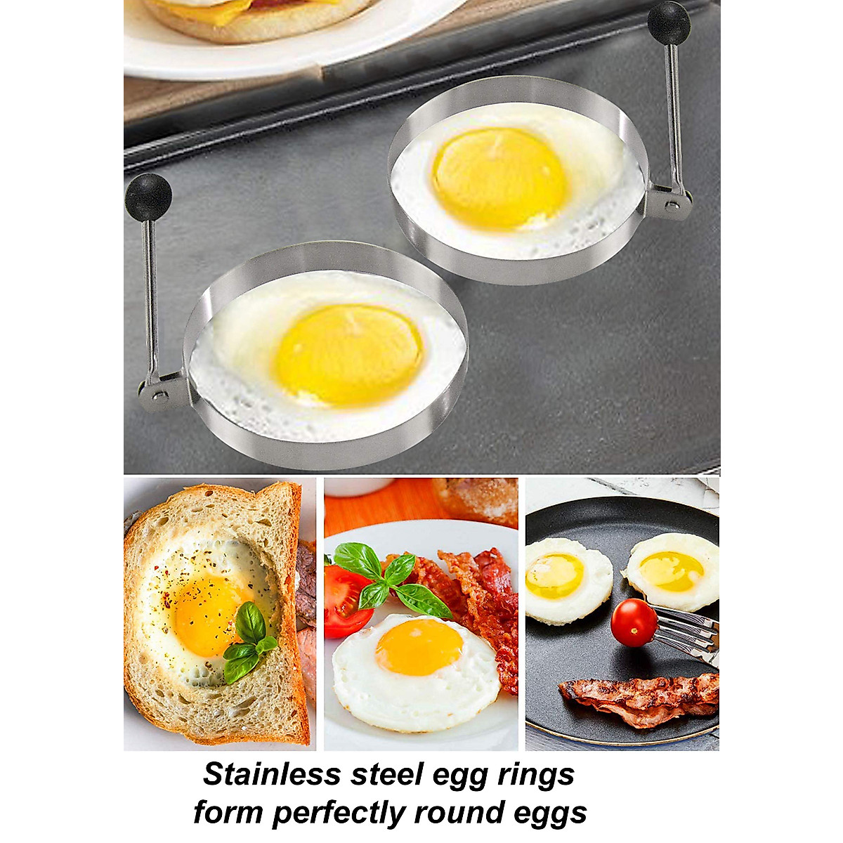 Home-X - Bacon and Eggs Cookware Set Includes Two Stainless Steel Egg Rings and Clear Tempered Glass Bacon Press