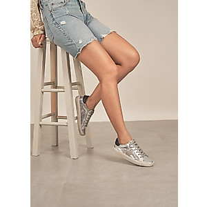 Mi.iM Brady Rubber Sole Lace-up Rhinestone Glitter Leather Suede Star Sneakers (8.5, Silver)