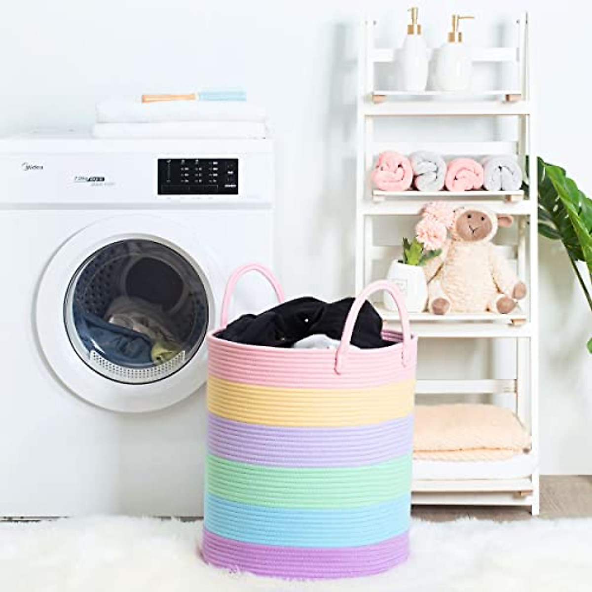 MINTWOOD Design Large Decorative Woven Cotton Rope Basket, Tall Laundry Basket Hamper, Blanket Basket for Living Room, Storage Baskets for Toys, Towel, Throw, Pillow, 60L Pastel Rainbow