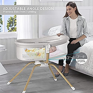 ANGELBLISS 3 in 1 Rocking Bassinet & Baby Bassinet Bedside Crib, One-Second Convert Travel Portable Bassinet Newborn Baby (White)