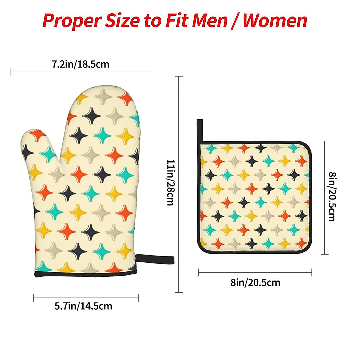 Modern Atomic Stars Retro Colors Oven Mitts and Pot Holders 4pcs Sets，Funny Kitchen High Heat Resistant Oven Mitts，with Oven Gloves and Hot Pads Pot Holders for Baking Cooking BBQ Grilling