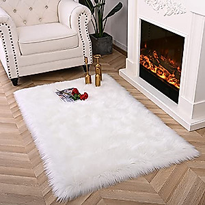 Fulie Ultra Soft Rug Faux Sheepskin Fur Area Rug, White Fluffy Shag Rug for Girls Bedroom Bedside Floor Carpets, Fuzzy Plush Rugs for Sofa Living Room Indoor Home Decor, 3x5 Feet