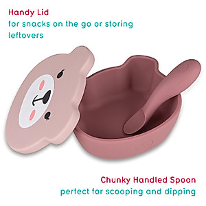 TUM TUM Suction Bowl for Baby, Toddler Bowl with Lid & Spoon, for Babies & Toddlers 6 Months+, BPA Free Silicone Baby Feeding Set, Microwave/Dishwasher/Freezer Safe, Betsy Bear, Pink
